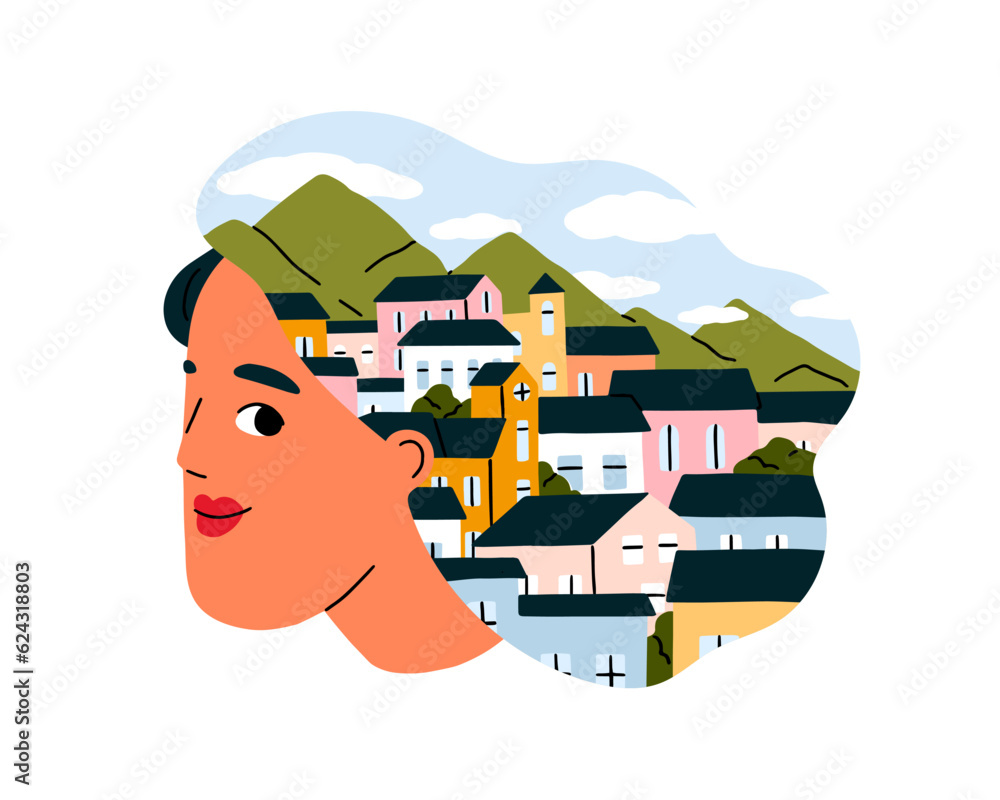 Homeland, native town, city in mind, memory, thoughts concept. Woman ...