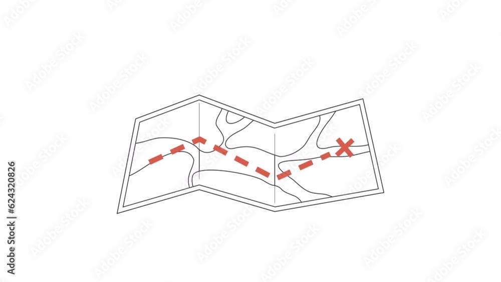 Map with marked route bw 2D animation. Dotted path cartography 4K video ...