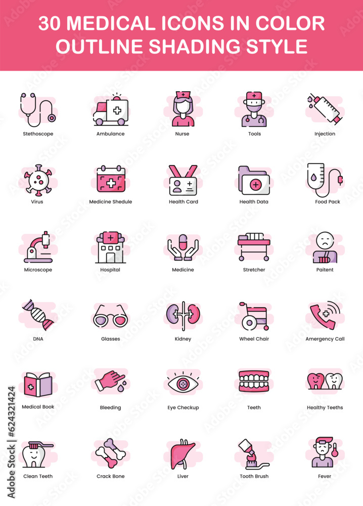 30 medical icons in color outline style with shading elements. icons of ...