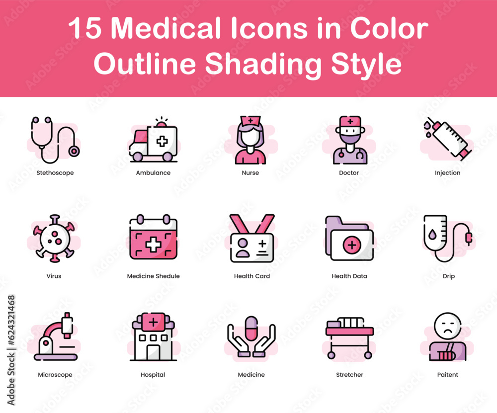 30 medical icons in color outline style with shading elements. icons of ...