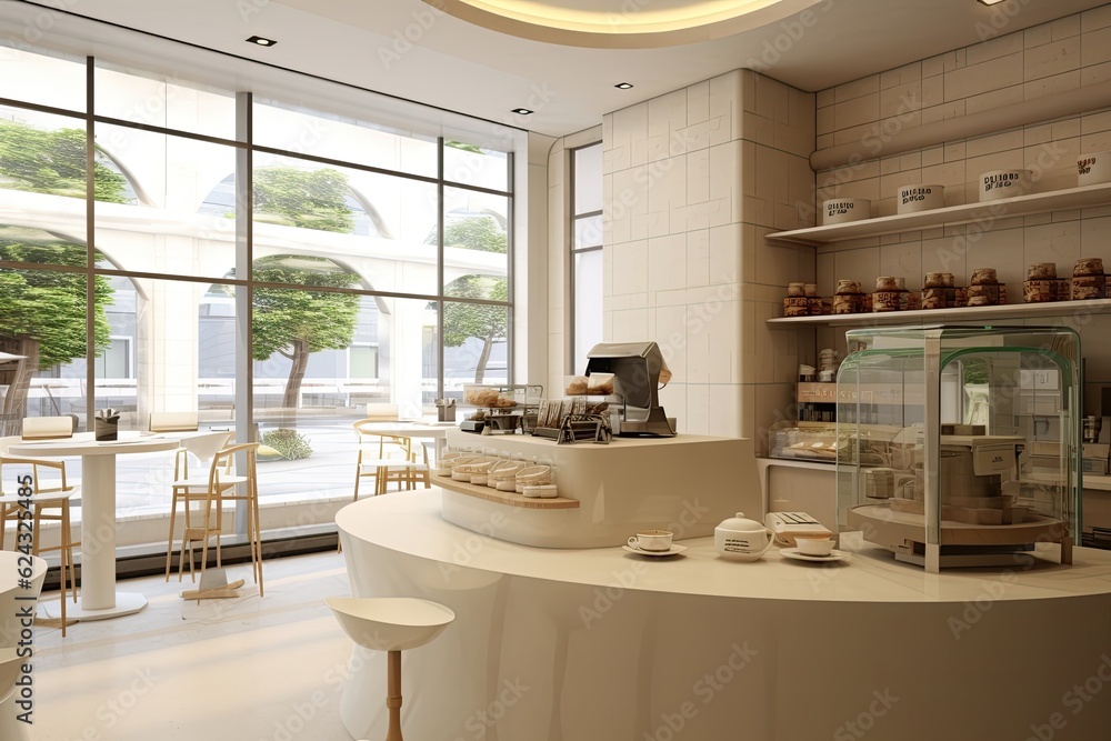 Small modern Korean style design café glossy ivory white round corner ...