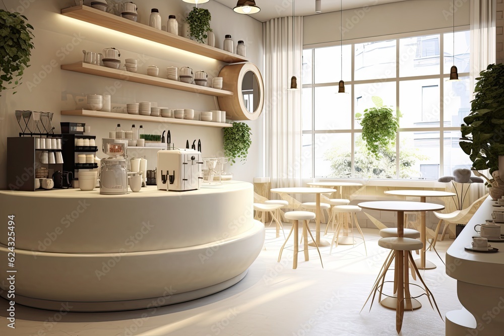 Small modern Korean style design café glossy ivory white round corner ...