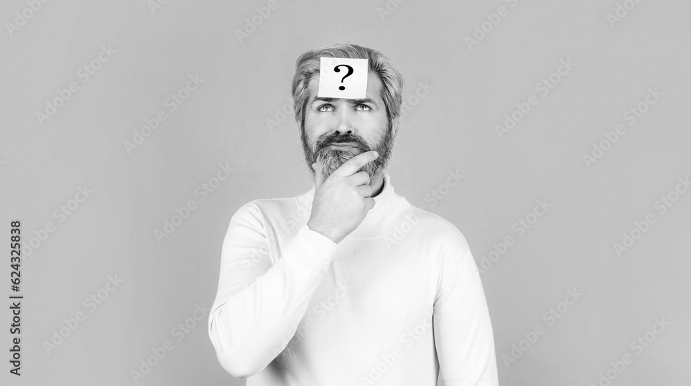 Beard man question mark in head, solution problems. Thinking man with ...