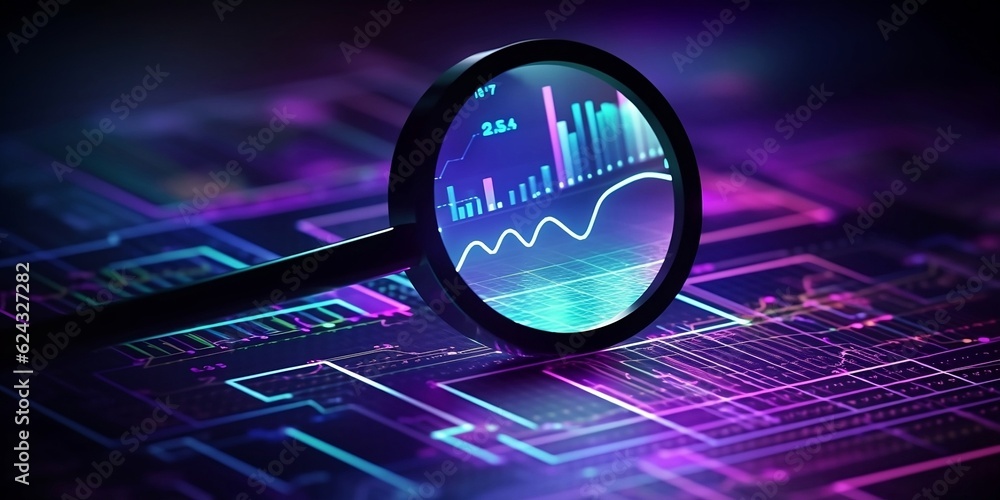 Data analysis, search engine optimization or SEO. Magnifier, charts ...