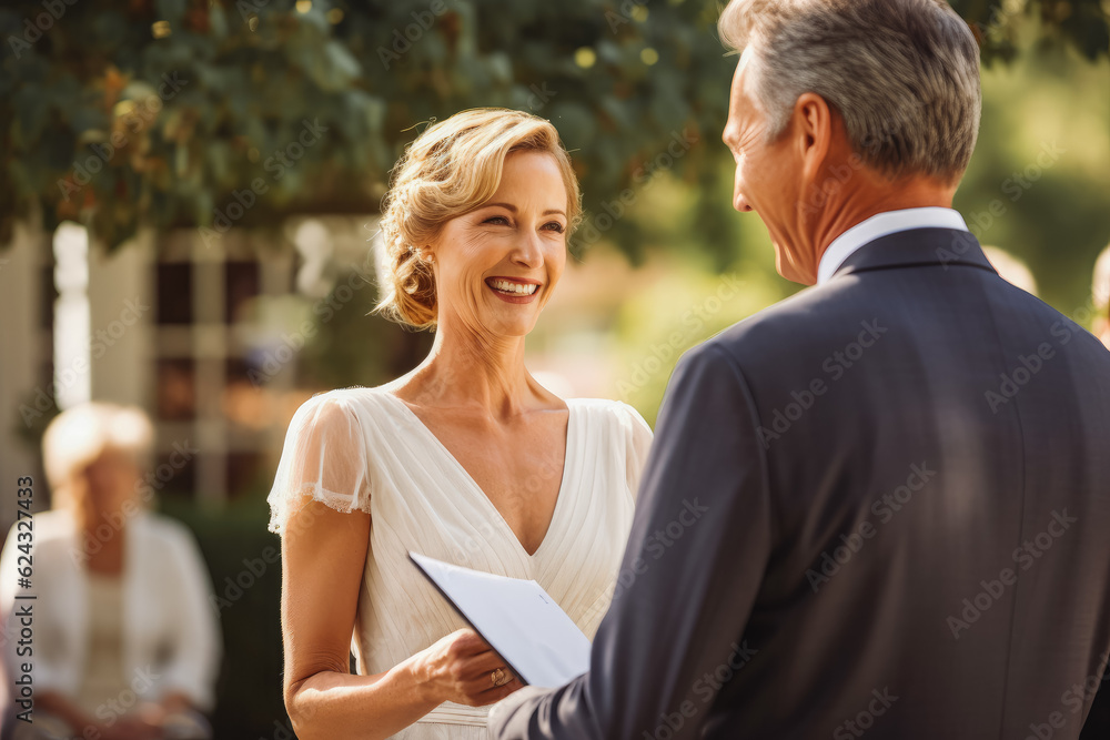 Older bride and groom at altar at wedding. Happy couple excited smile ...
