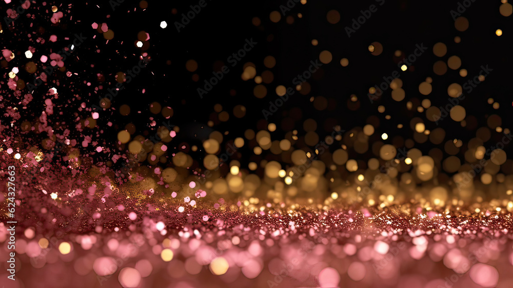 Sprinkle gold pink dust on a black background in the dark,Sparkling ...