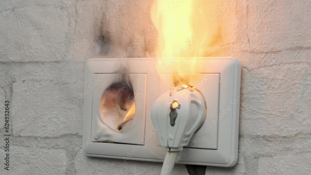 Electrical socket on fire in house on wall close up. Short circuit ...