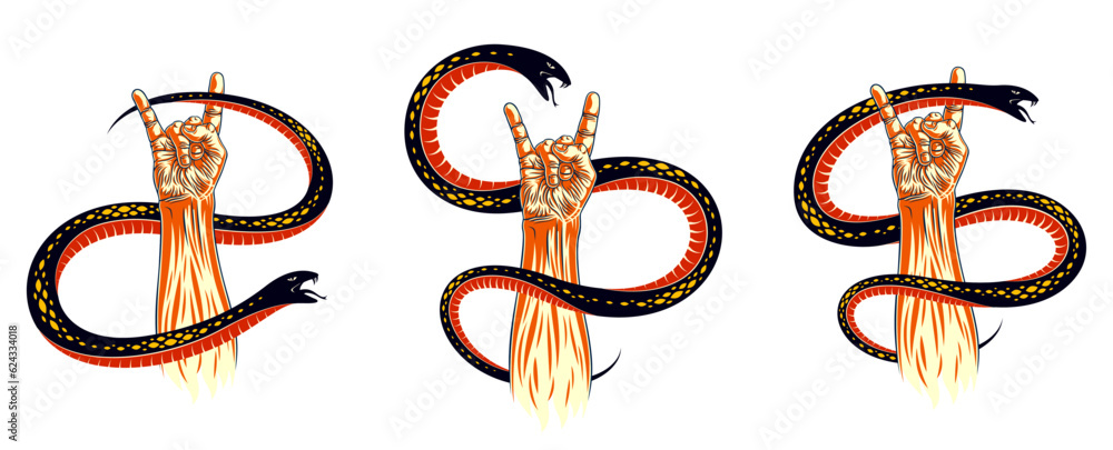 Rock hand sign with aggressive snake set, hot music Rock and Roll ...