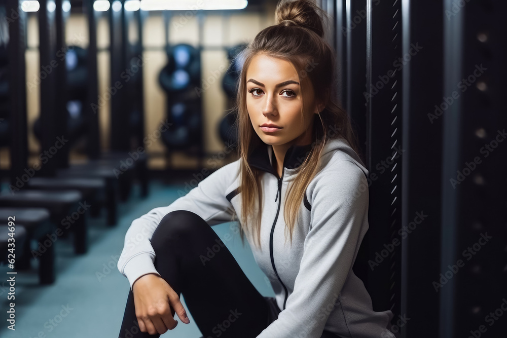 Beautiful young woman sitting in gym locker room , Female athlete in ...