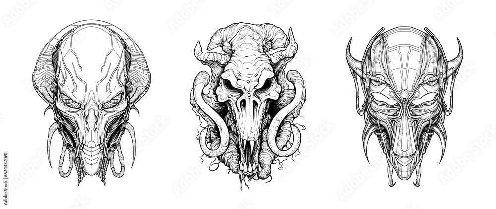 Portraits of terrible aliens for coloring. Mystical and spooky ...