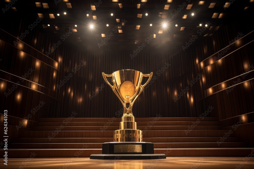 a gold trophy placed on a podium, photographed from a low angle on a ...