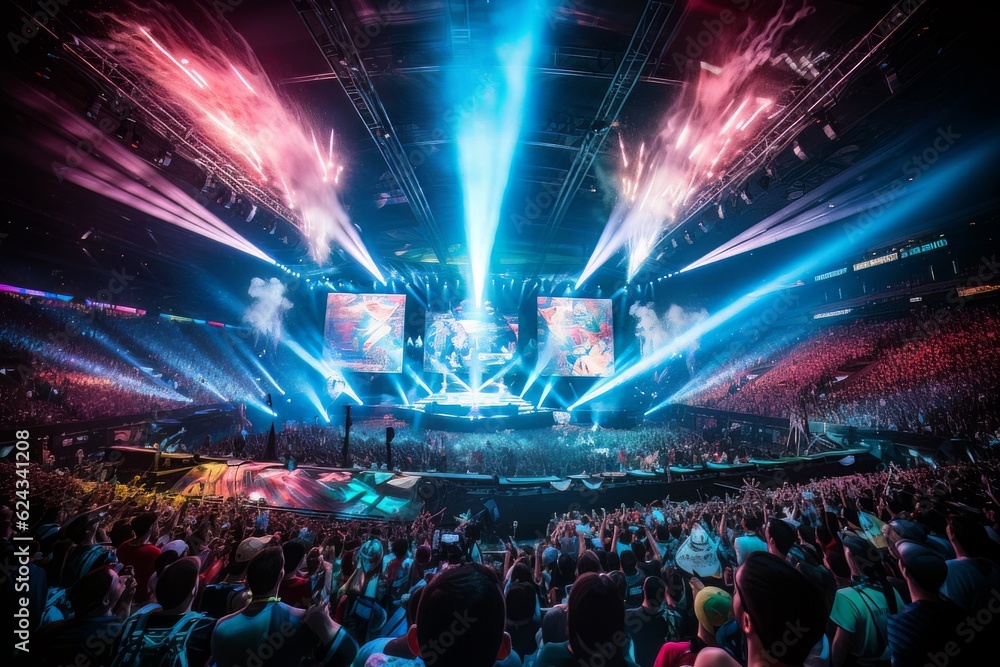 epic post-championship scene in the world of esports. A massive arena ...