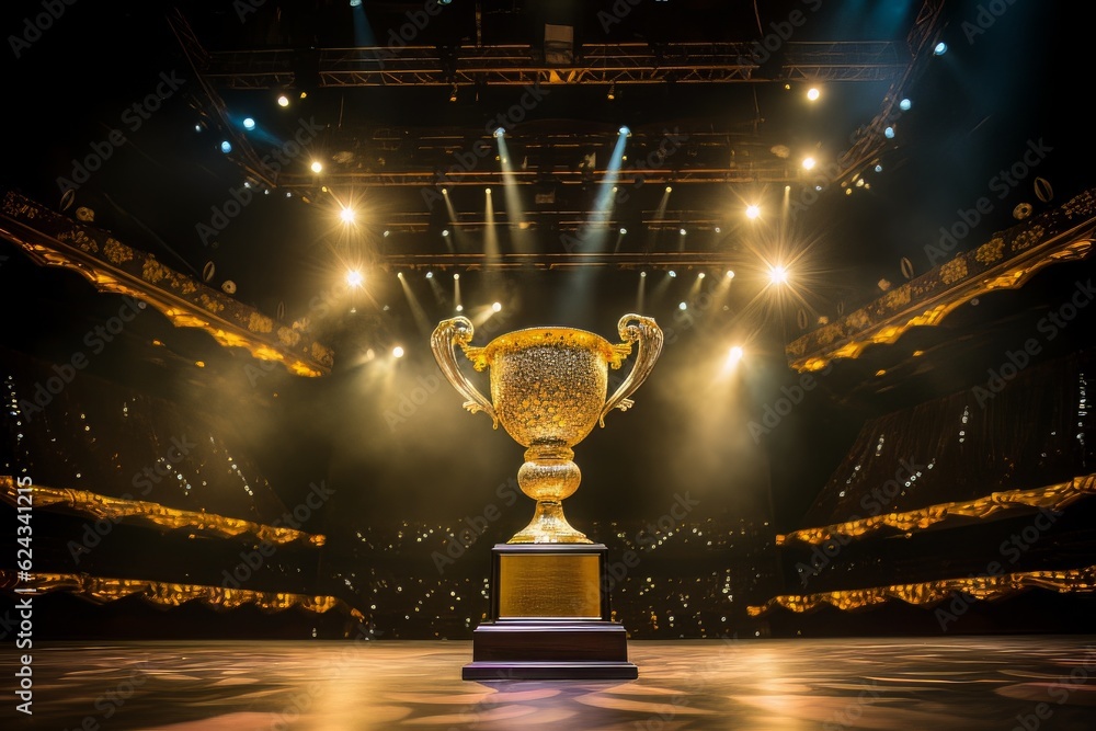 gold trophy placed on a podium in the spotlight on a grand stage. The ...