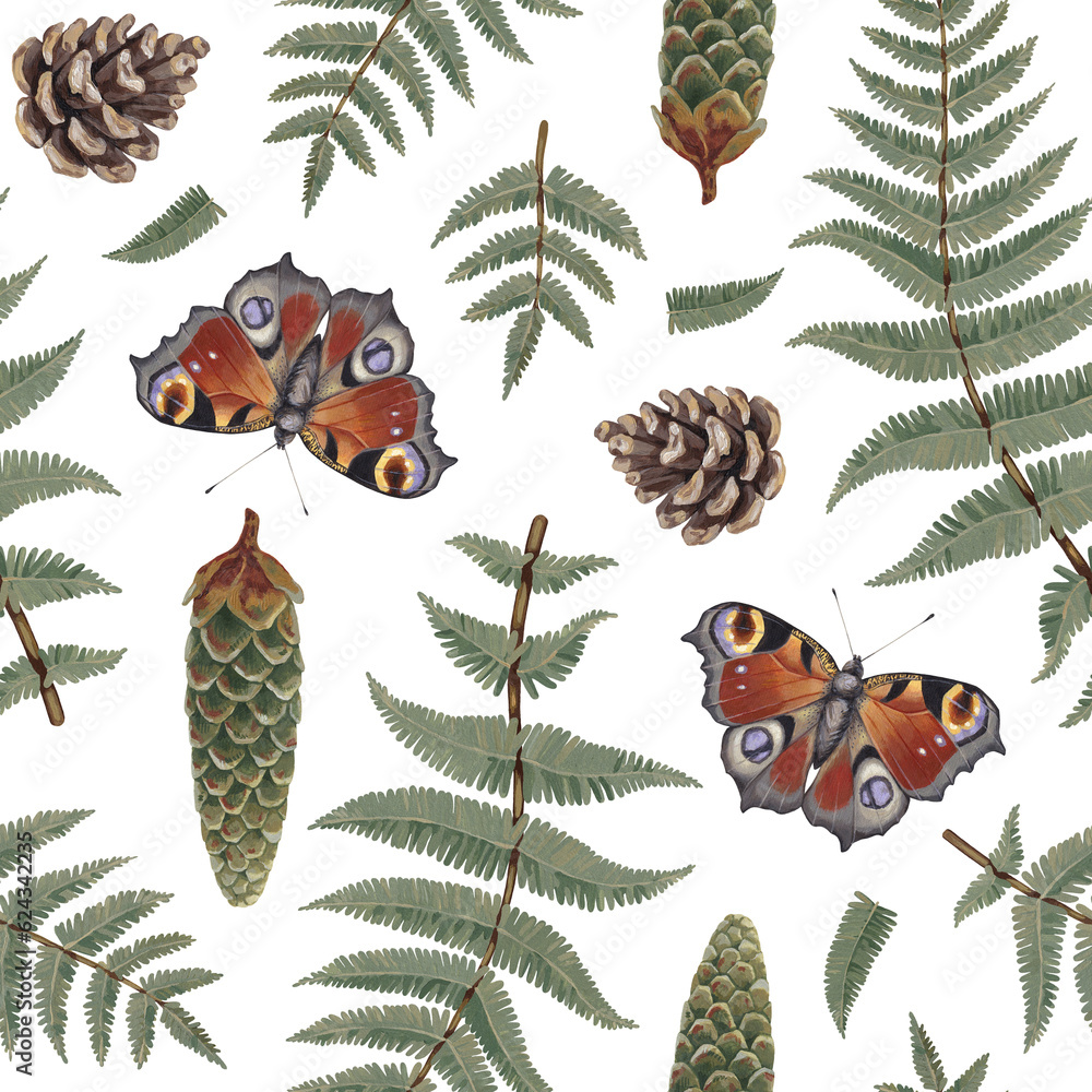 Seamless pattern design with acrylic illustrations of fern, pine cone ...