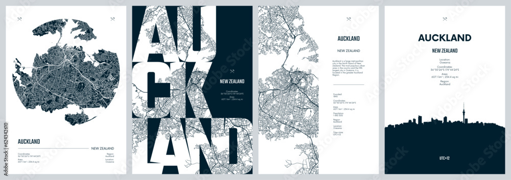 Set of travel posters with Auckland, detailed urban street plan city ...