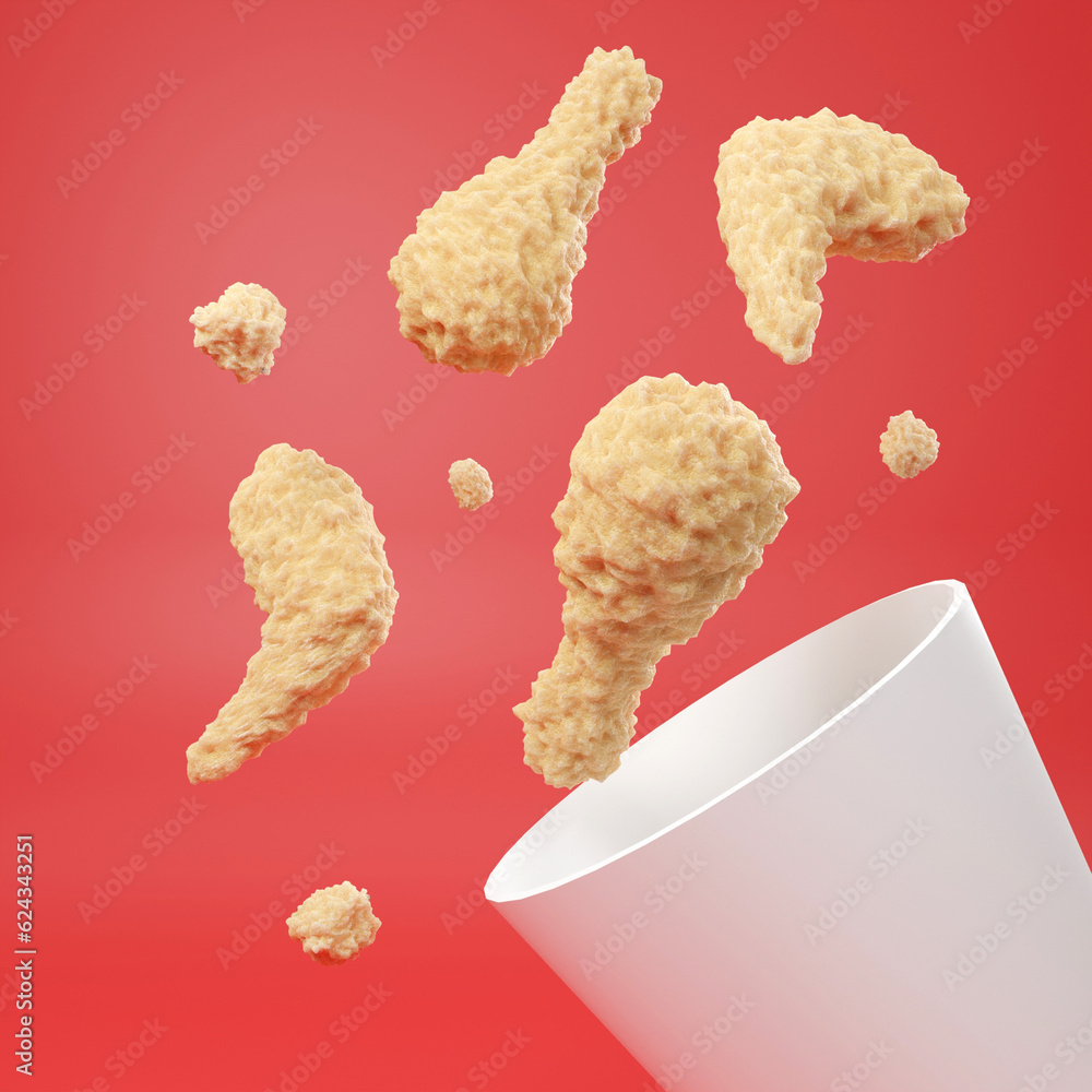 3D crispy fried chicken with bucket on red background ,Crunchy deep ...