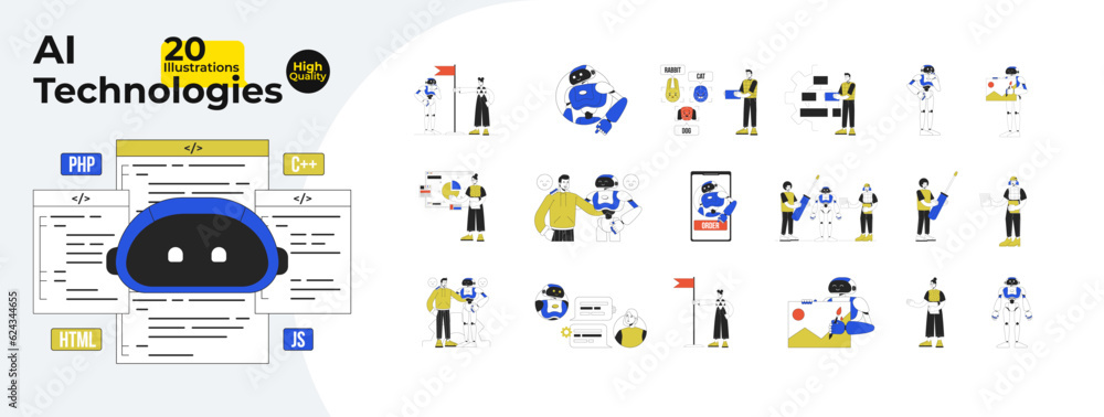 AI technologies flat line concept vector spot illustrations bundle ...