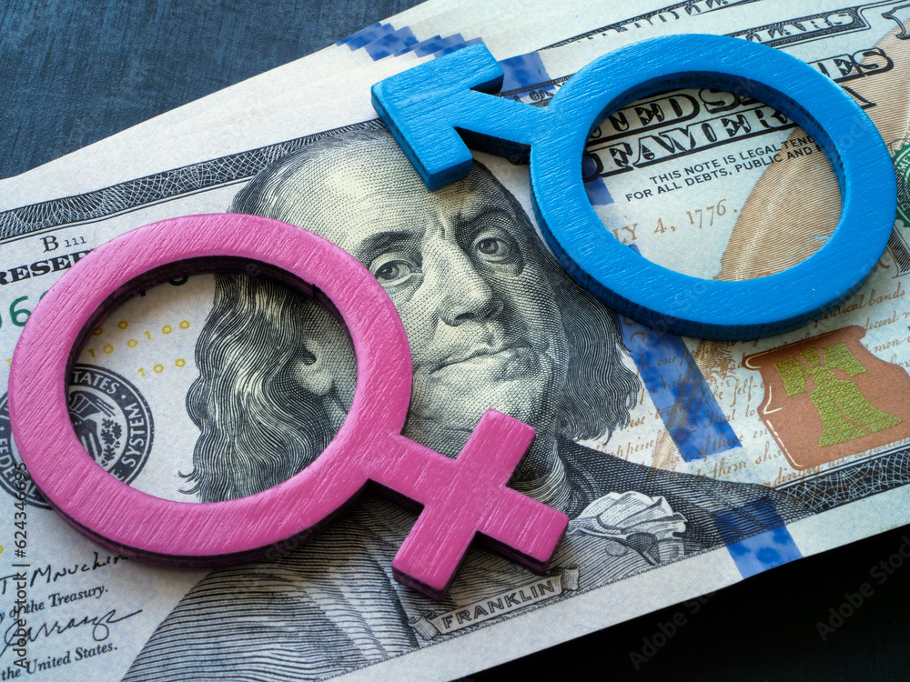Dollars, male and female symbols as concept of gender pay gap. Stock ...