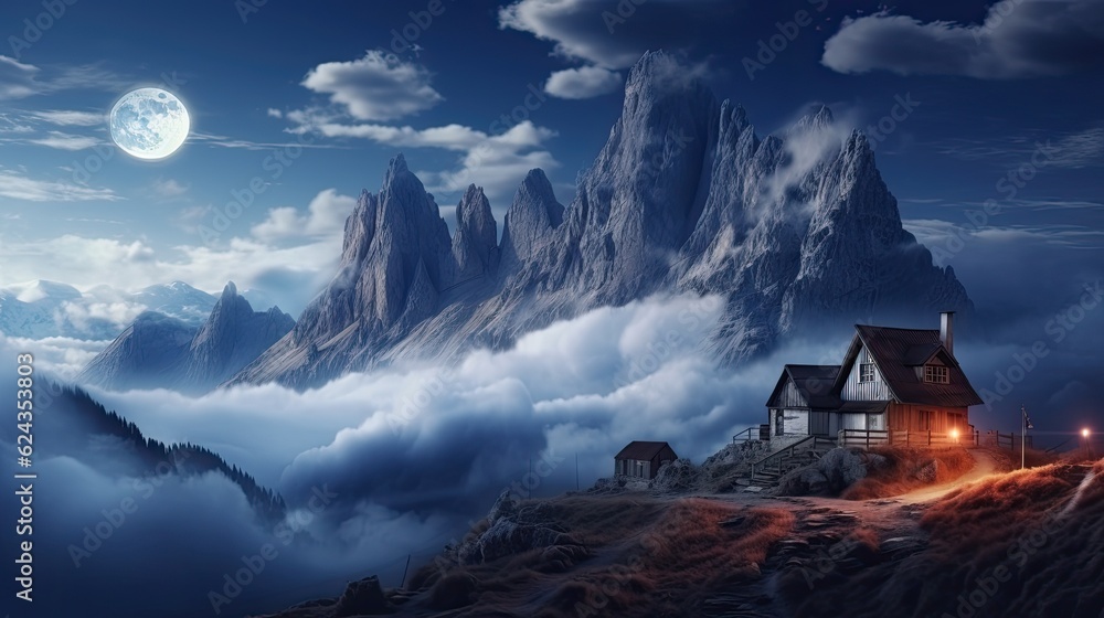 Mountains in fog with beautiful houses and churches at night in autumn ...