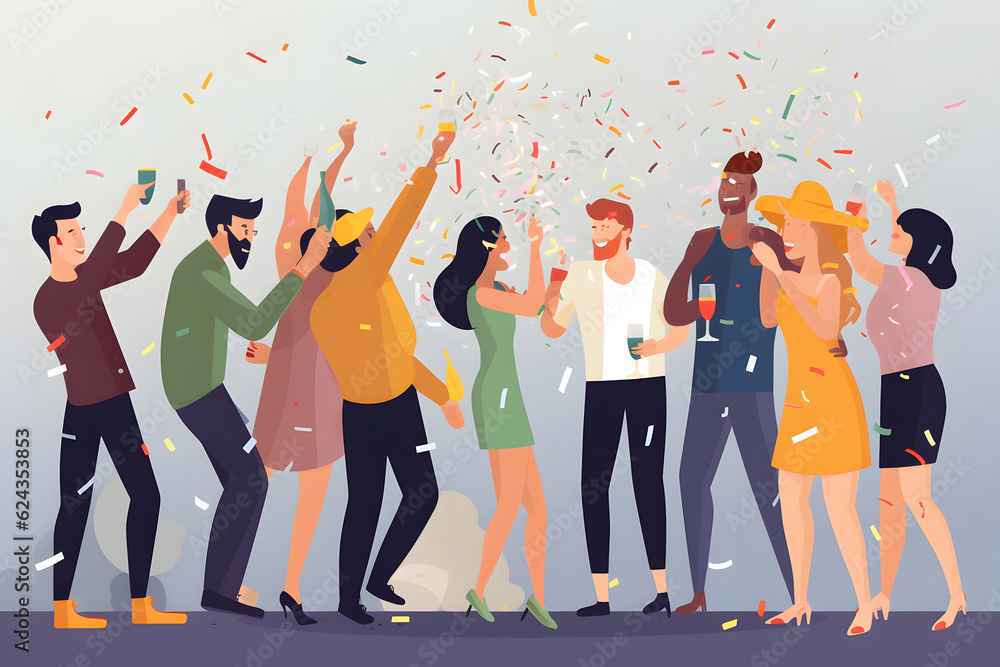 People together celebrating at party - 2d cartoon style, neural network ...