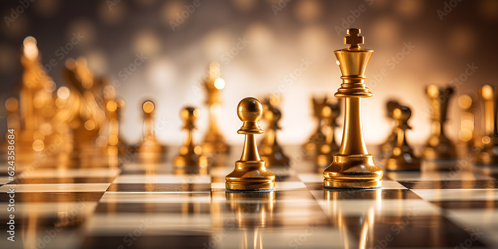 The Golden Chess Board With Many Gold Pieces.Gold king chess piece ...