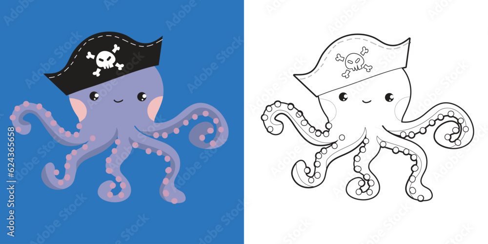 Coloring page the cute octopus with pirate hat. Kawaii octopus cartoon ...