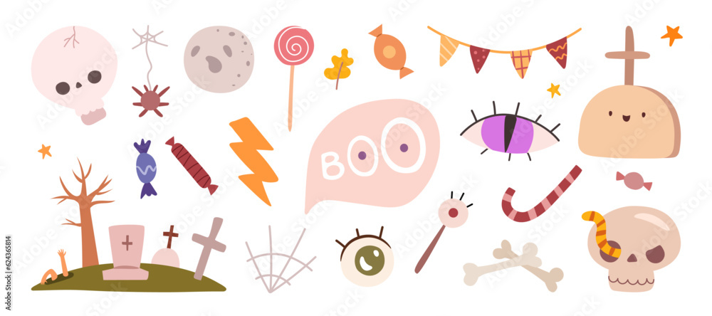 Vector set cute Halloween icons ghosts, skull and grave stone, cross ...