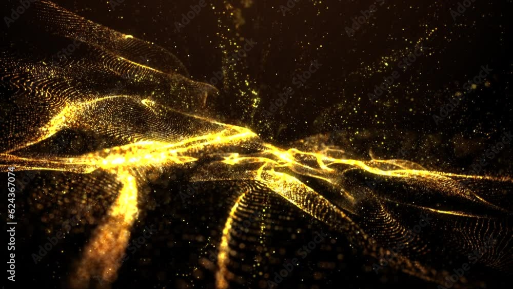 Beautiful golden particles wave and light abstract background with ...