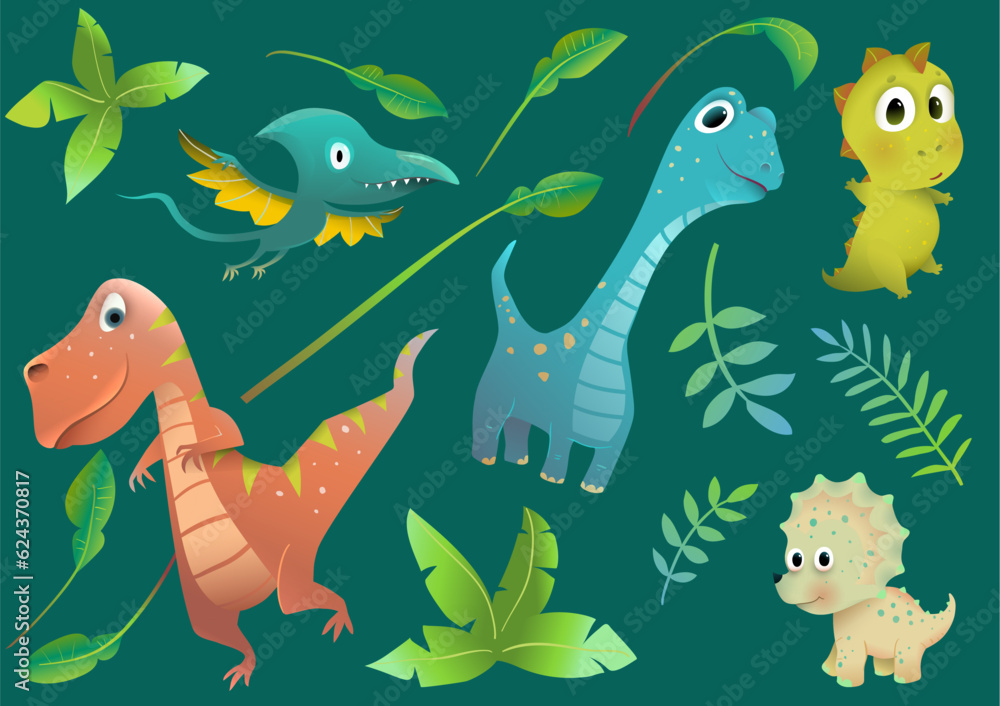 Cute Dinosaur Group in Prehistoric Nature with Palms and Trees clipart ...