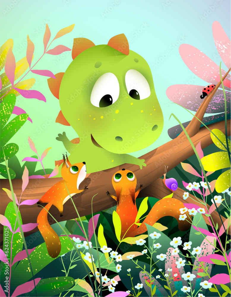 Cute Dinosaur Playing with Squirrels in woods, Kids Story Illustration ...