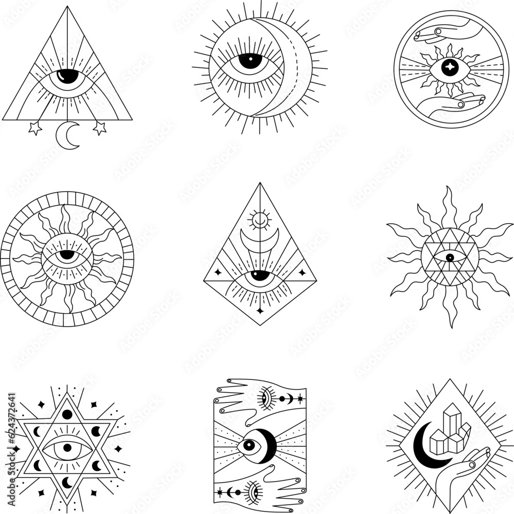 Magical Symbols Esotericism Witch Pyramids Hand Eyes moon Stock Vector ...