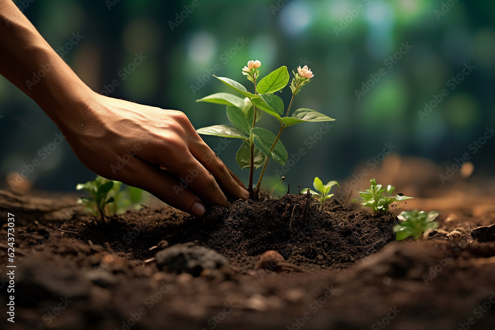 Close-up view of a human hand planting a plant. Planting forests is the ...