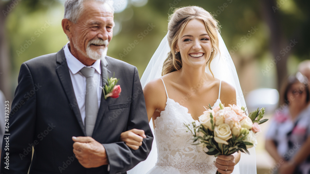 An emotional moment of the bride and her father walking down the aisle ...