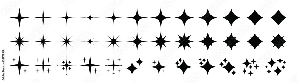 Glittering night sky stars set. Shinig lights and sparks burst or flash ...