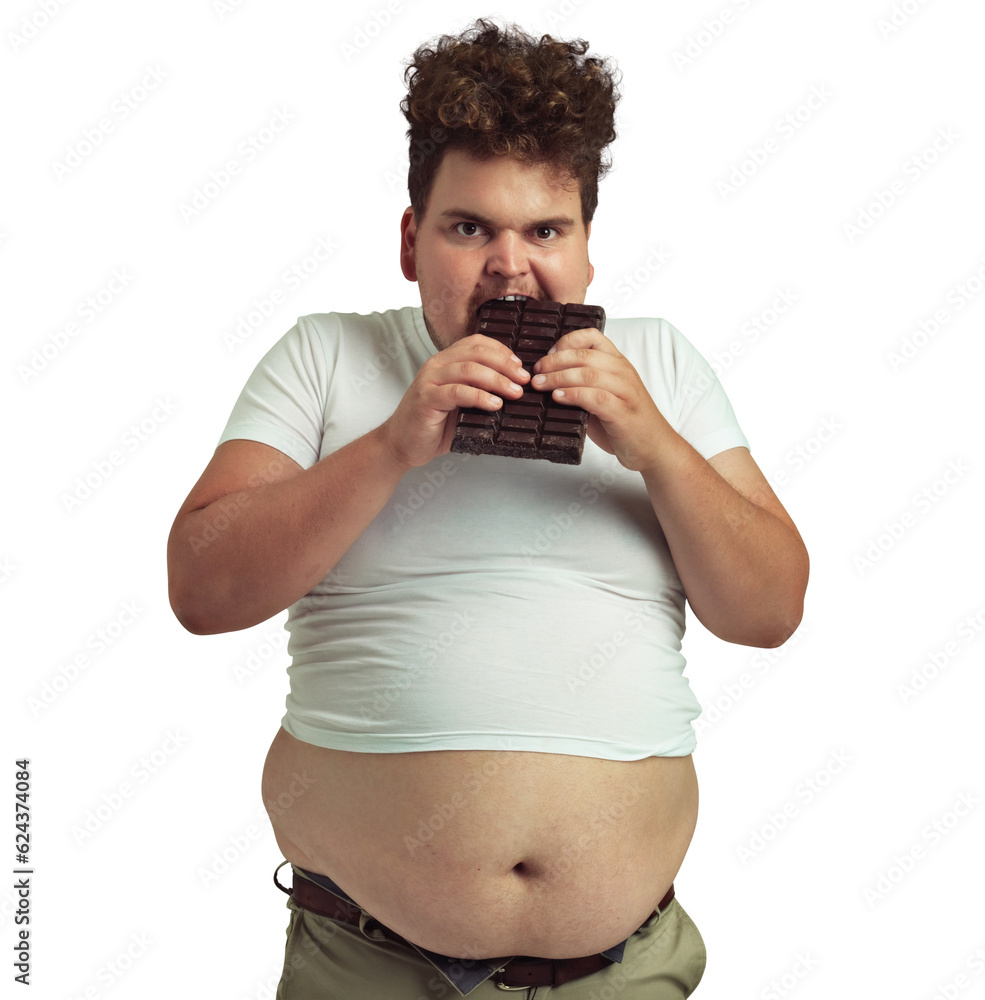 Plus size, portrait of a man eating a chocolate and isolated against a ...