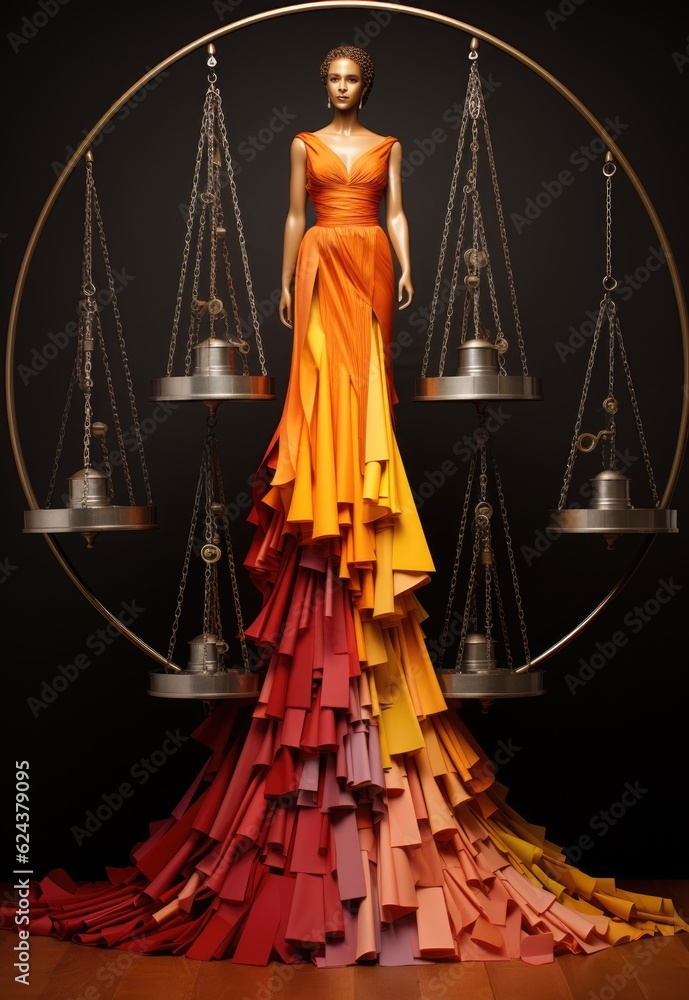 A woman in an orange dress standing in front of a balance scale ...