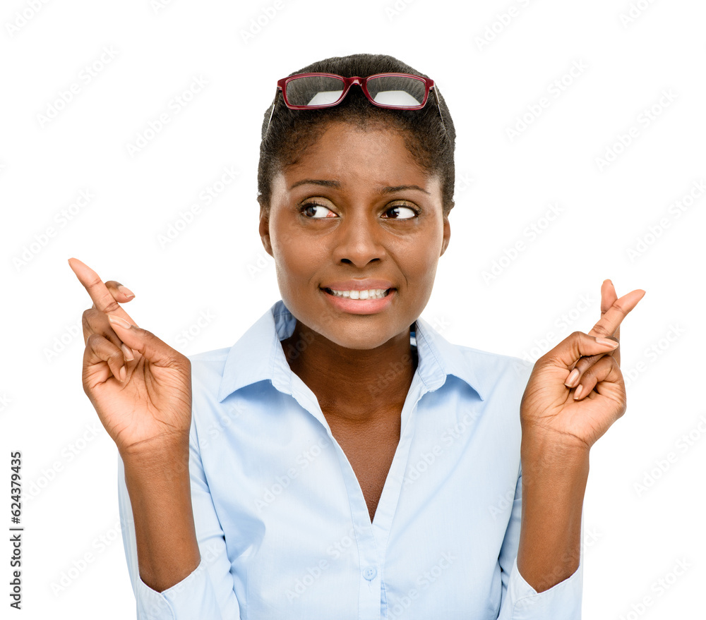 Black woman, thinking and fingers crossed for luck or hope isolated on ...