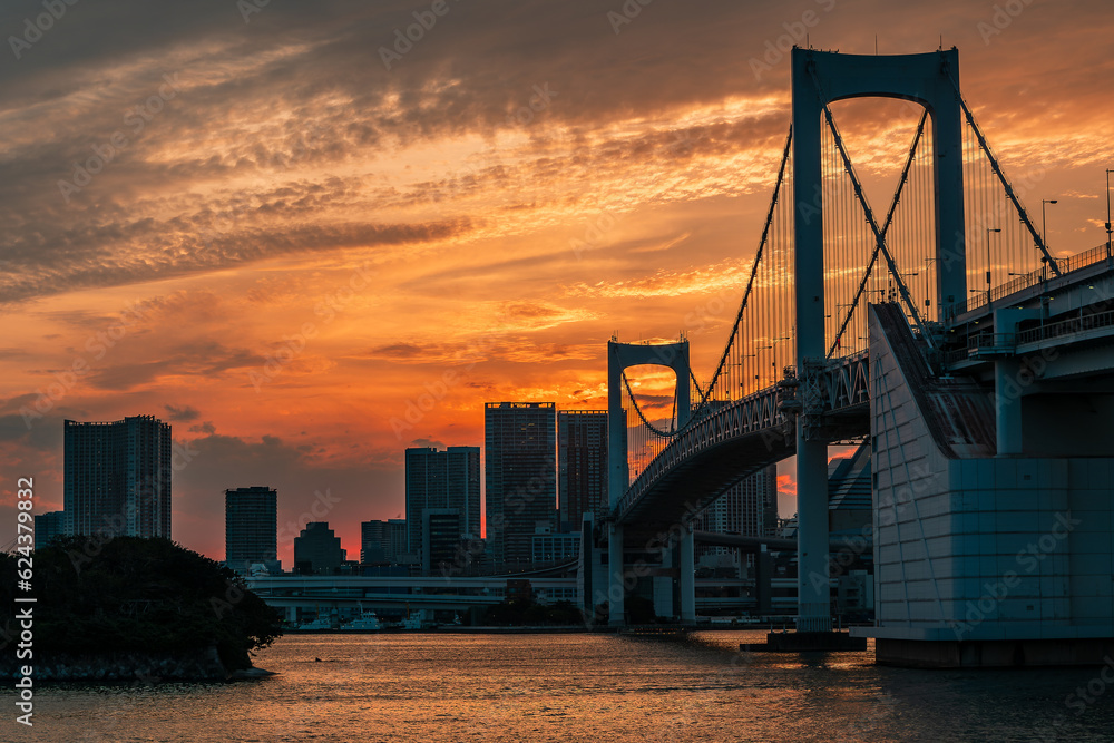 Beautiful sunset colors and clouds above the city of Tokyo and Rainbow ...