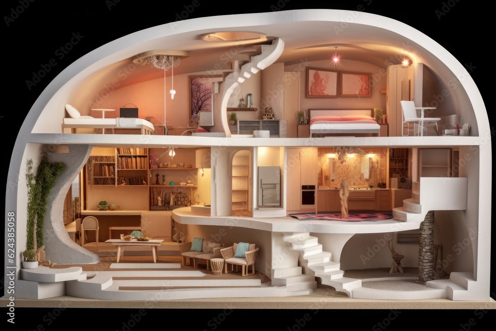 cross-section of a 3d printed house, showing interior design, created ...