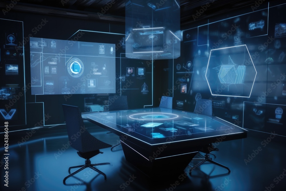 conference room with holographic display and floating icons, created ...