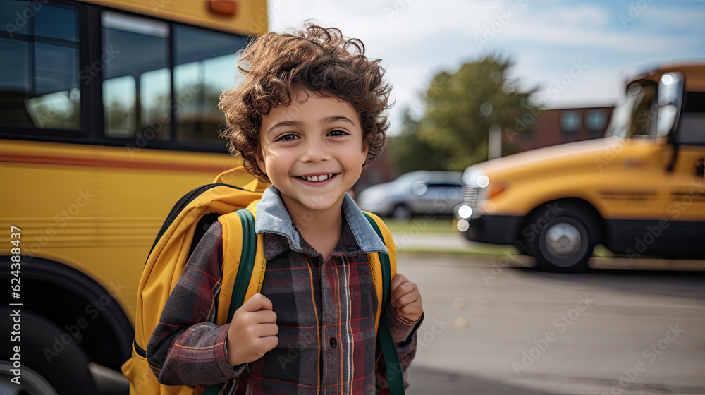 Elementary school boy at the front of the school bus queue ilustração ...