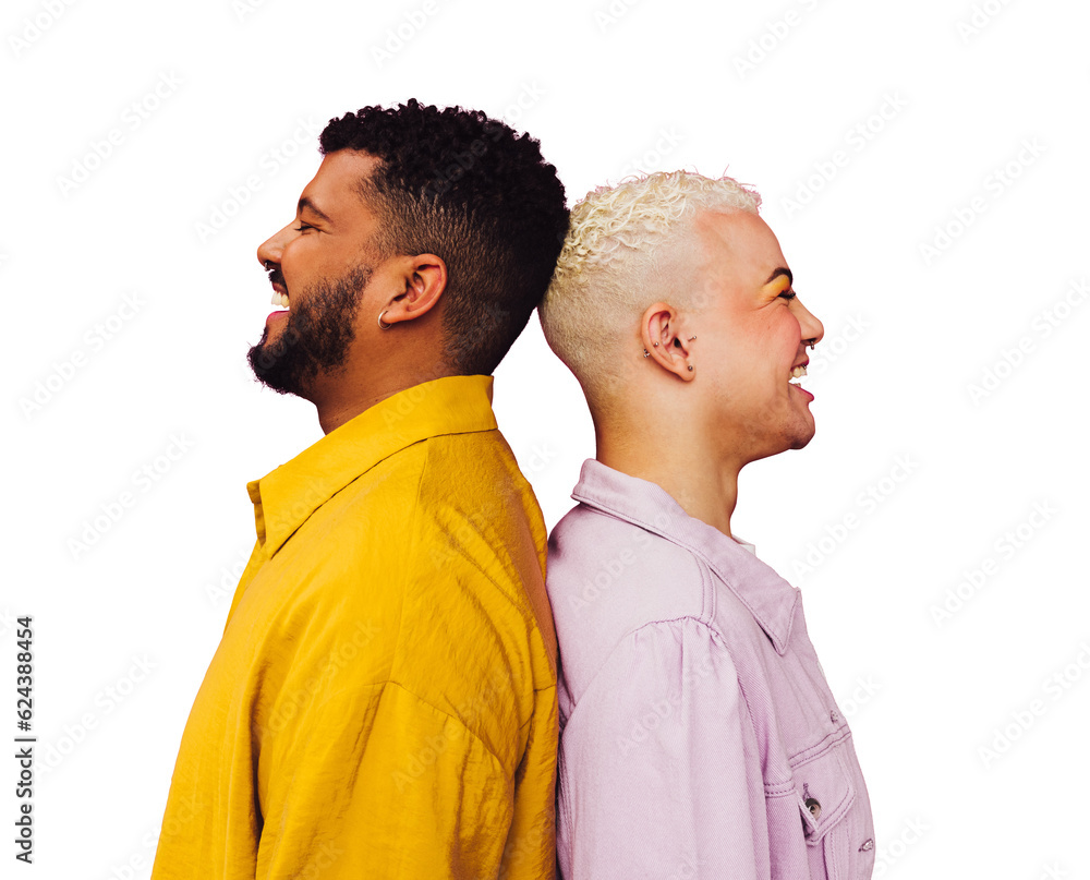 Two happy young men standing back to back on a transparent background ...