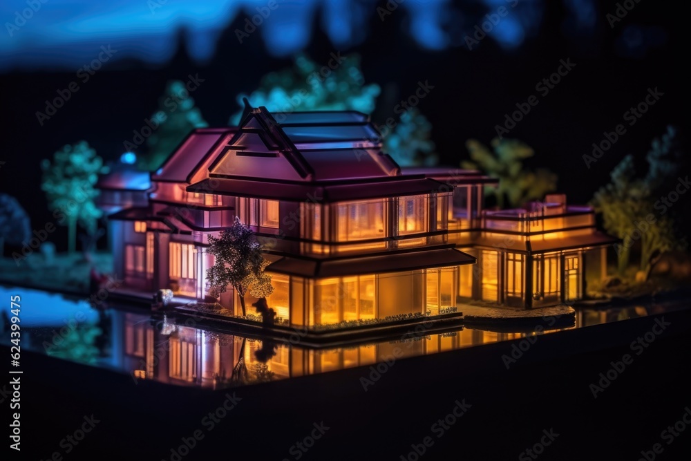 night view of 3d printed home glowing with lights, created with ...