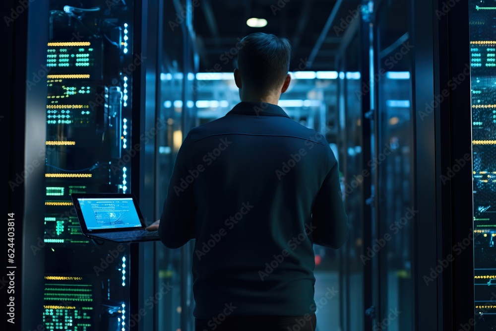 Successful people Data Center IT Specialist back view Using Tablet Computer, Turning Augmented ...