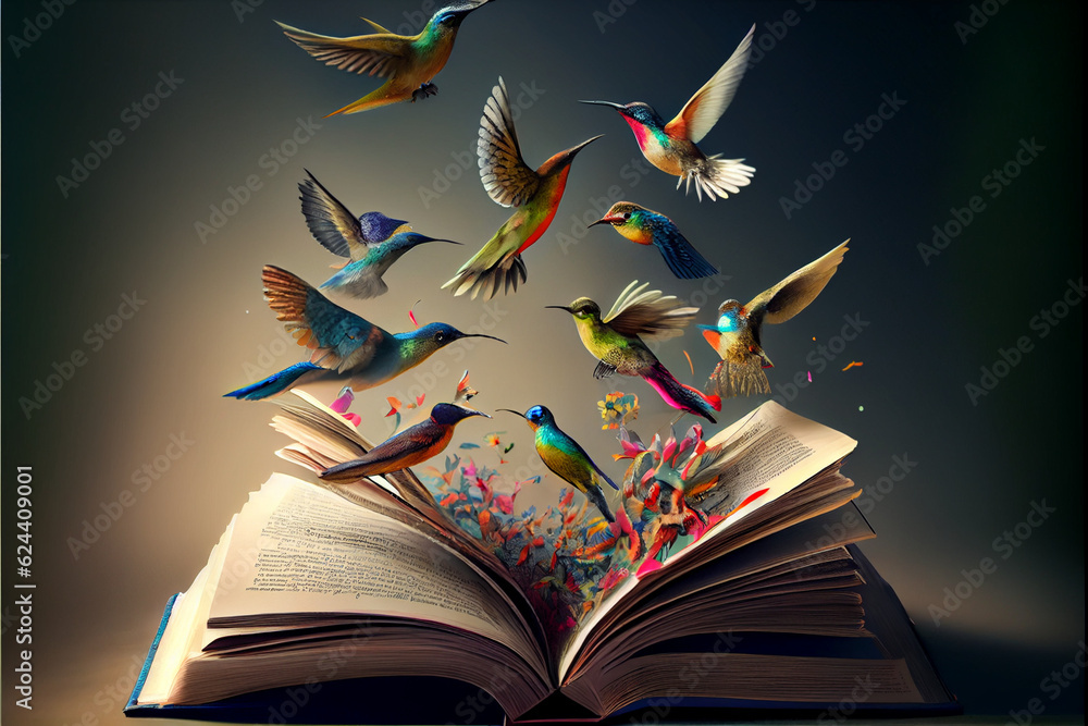 Abstract illustration, a flock of hummingbird birds flies out of an ...