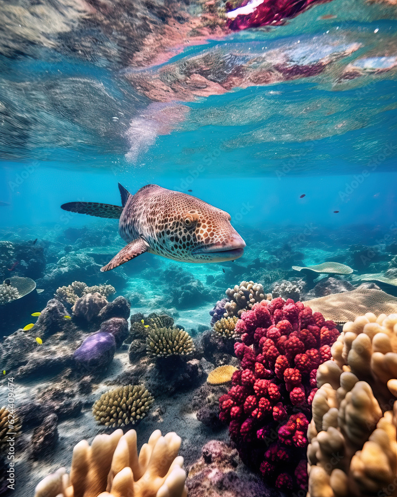 Leopard catshark swimming among coral reefs. Created using generative ...