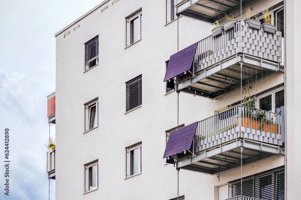 Solar Panel System on Balcony of High-rise Building. Modern Apartment ...