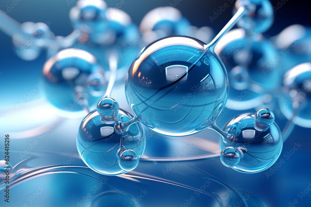 Science concept. Round water molecules connected with each other. Light ...