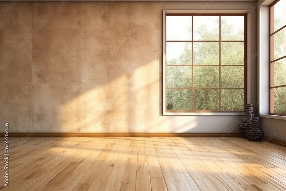 empty wall and wooden floor with interesting with glare from the window ...