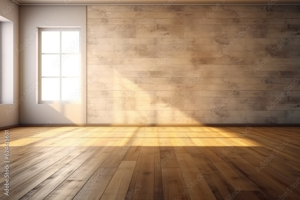 empty wall and wooden floor with interesting with glare from the window ...
